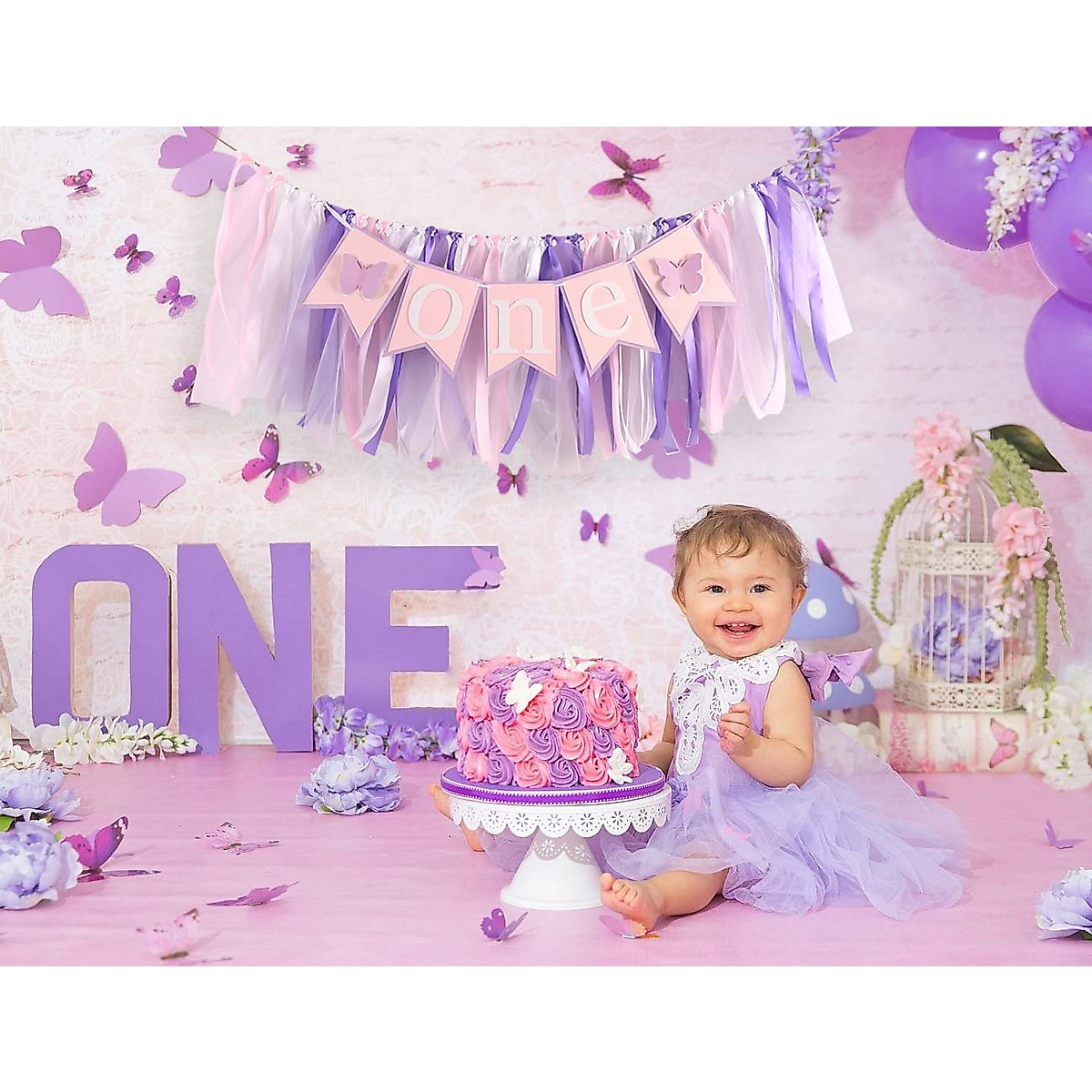 Butterfly One Birthday Highchair Banner - First Birthday Highchair Banner，one High Chair Banner，1st Birthday High Chair Banner，one Party Decoration Photo Props Cake Smash