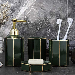 4 Pieces Bathroom Accessories Set Ceramic Bathroom Ensemble Includes Lotion Dispenser Toothbrush Tumbler Soap Dish Green and Gold for Bath Decor