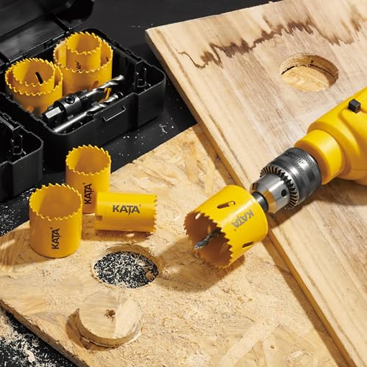 KATA Bi-Metal Hole Saw Kit, 7-Piece Metal Hole Saw Set with 1-1/4" to 2-1/8"(32-38-44-54mm) Hole Drill Cutter with Mandrels, Drill Bit, Hex Key for Metal, Wood, PVC, Plastic