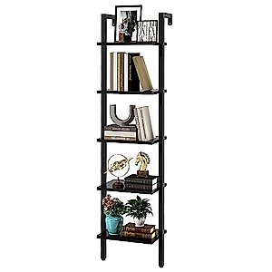 YMYNY 5 Tiers Narrow Ladder Bookcase, Industrial Wall Mounted Bookshelf, Open Display Rack with Metal Frame, Wooden Storage Shelves for Bedroom, Home Office, Living Room, Black, 70*17.3*11.8"UHBC015B