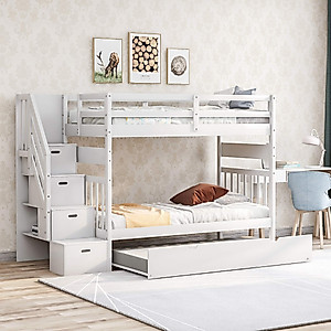Harper & Bright Designs Stairway Twin Over Twin/Full Bunk Bed with Twin Size Trundle and Drawers, Solid Wood Bunk Bed Staircase Can be Placed on The Left or Right Side (White)