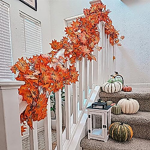 CQURE 14 Pack 98Ft Fall Leaf Garland, Hanging Vines Garland Artificial Fall Maple Leaves Garland Thanksgiving Decor for Home Wedding Fireplace Party （Orange Green）