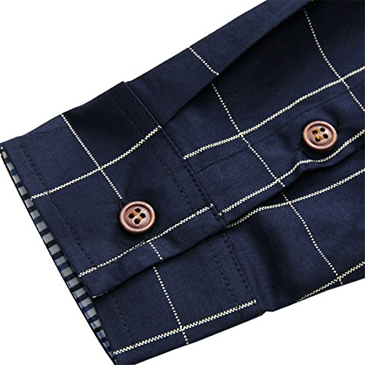 LOCALMODE Men's 100% Cotton Long Sleeve Plaid Slim Fit Button Down Dress Shirt,Navy Blue,Large