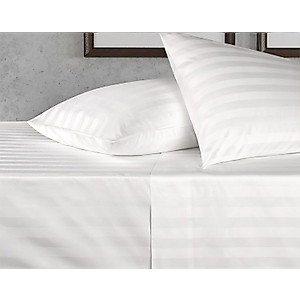 Damask Stripe Queen Size 7-Piece Duvet Cover and Bed Sheet Set 17 inch Deep Pocket - Complete Luxury Soft 1000 Thread Count 100% Egyptian Cotton Bedding Set - White