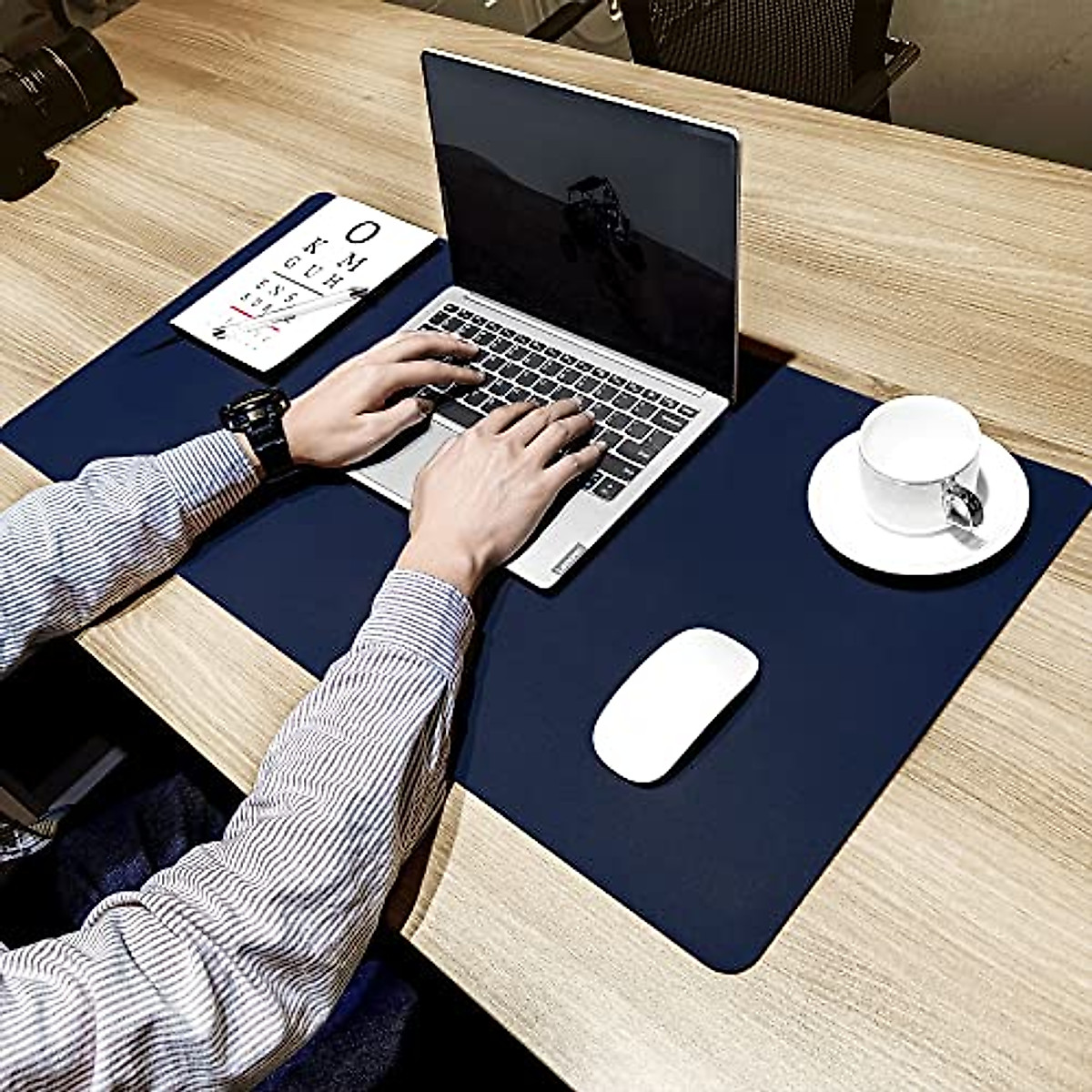 Aothia Office Desk Pad, Natural Cork & PU Leather Dual Side Large Mouse Pad, Laptop Desk Table Protector Writing Mat Easy Clean Waterproof for Office Work/Home/Decor (Dark Blue,31.5" x 15.7")