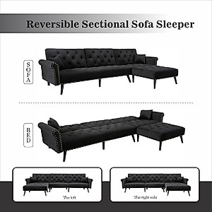 POCIYIHOME Sectional Sofa Right Hand Facing Velvet Button Tufted, L Shape Chaise with Nail Head Detail, Modern 4-Seater with Seat Cushion & Wood Leg, 2 Pillows, Couch for Living Room,Office, Black