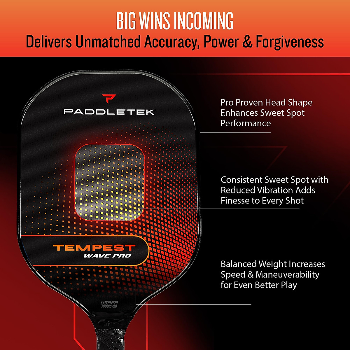 Paddletek Tempest Wave Pro Pickleball Paddle | Professional Pickleball Paddles with Carbon Fiber Surface, Tempest SRT Honeycomb Core & High Tack Performance Grip | USAPA Approved