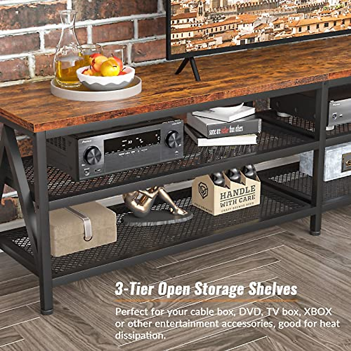 Furologee TV Stand for 60 65 inch TV, Long 55" Entertainment Center with 3-Tier Open Storage Shelves, Industrial TV Console Table for Living Room, Rustic Brown