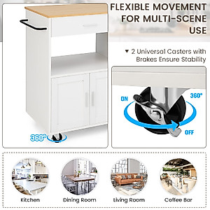Giantex Kitchen Island on Wheels, Rolling Trolley Cart with 3 Spice Racks, 2-Door Cabinet, Storage Drawer, Open Shelf, Kitchen Serving Cart for Dining Room Bar (White)