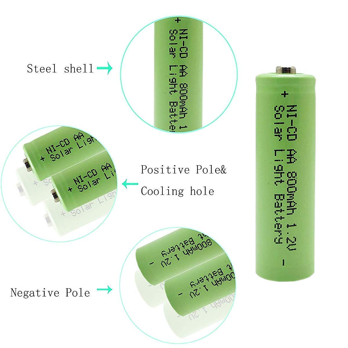 XUNTU 20 Pack Combo AA NiCd 1.2V 800mAh Rechargeable Battery for Solar Outdoor Lights Lamp Garden Yard Lawn