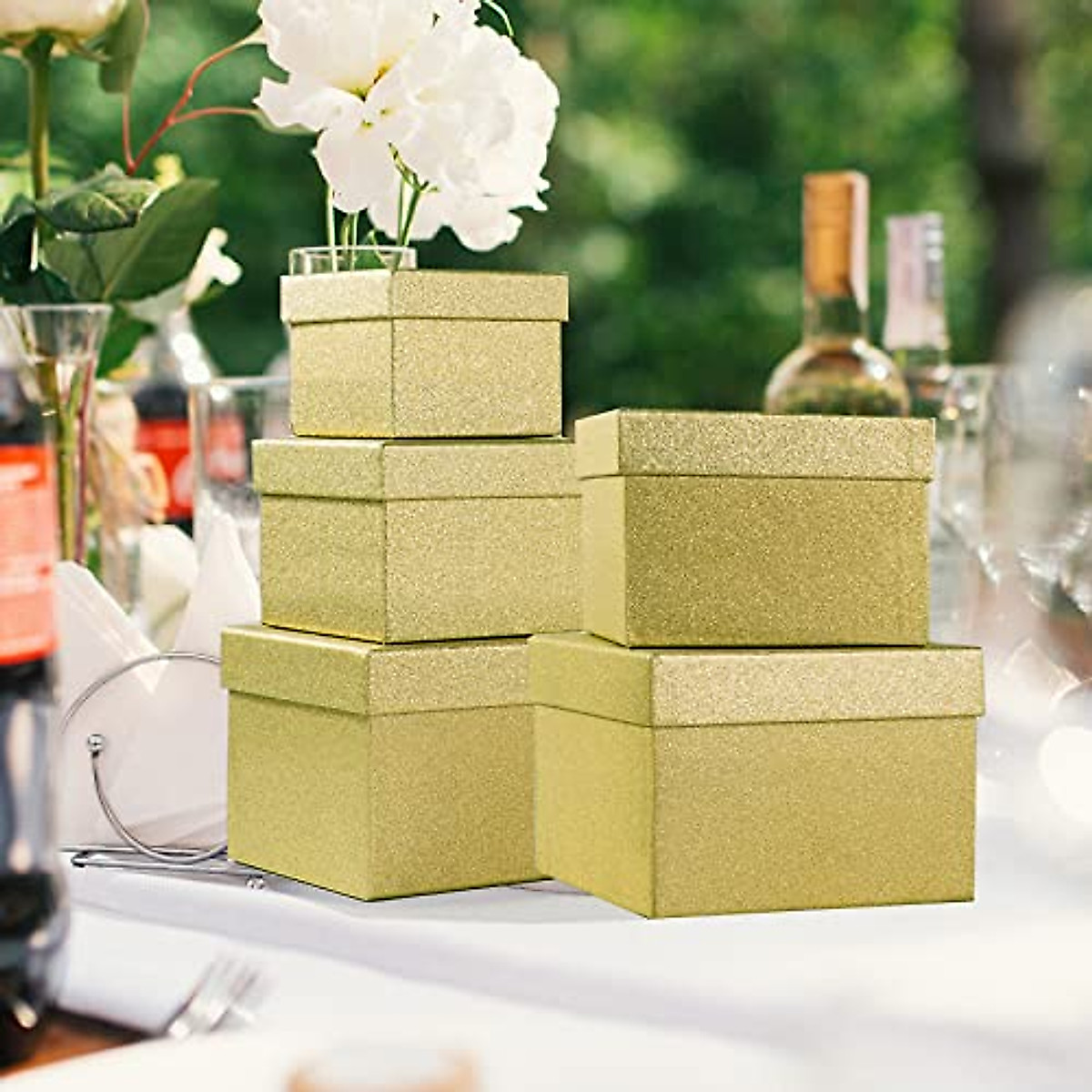 PAPER FAIR 5PCS Bright Gold Glitter Nesting Gift Boxes Set, Flat Square Cardboard Storage Organizer Keepsake Box with Lid Durable Reusable, for Gift Wrapping Holiday Present Christmas Birthday, Assorted Size