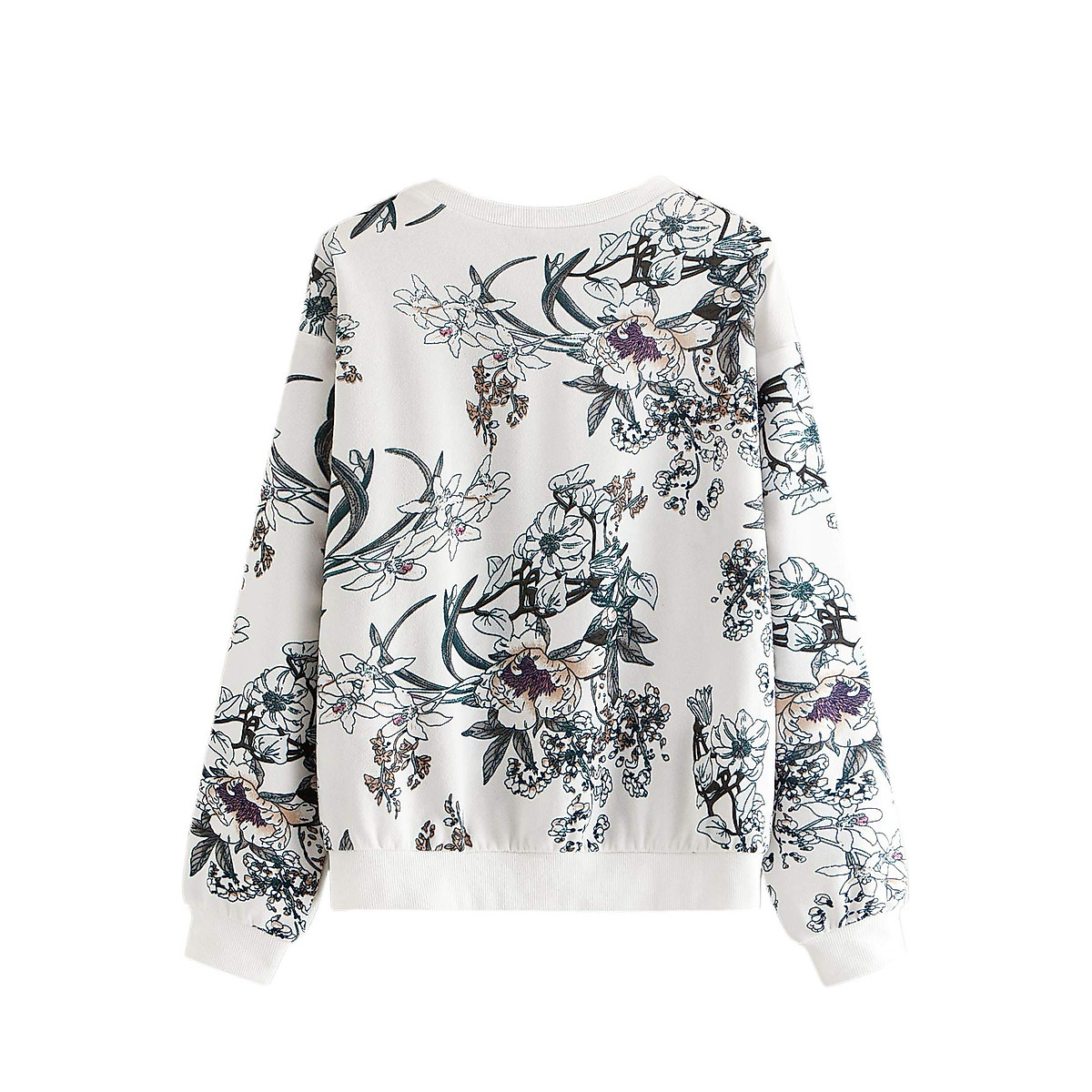 ROMWE Women's Floral Print Long Sleeve Crew Neck Lightweight Pullover Sweatshirt White X-Large