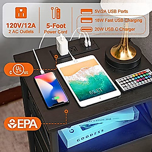 AMHANCIBLE LED Night Stand Set 2, Night Stands for bedrooms Set of 2 with Charging Station, Side Table with USB C Port and Outlet HET052LBK