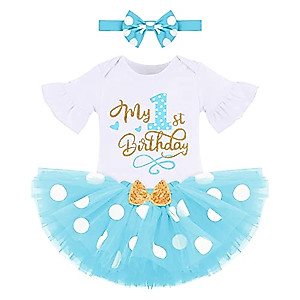 IBTOM CASTLE It's My 1st Birthday Outfit For Baby Girls First Birthday Gift Wild ONE Bodysuit Romper Onesie Sequin Bow-tie Tulle Tutu Polka Dots Skirt for Photo Shoot w/Ears Headband Blue 1T