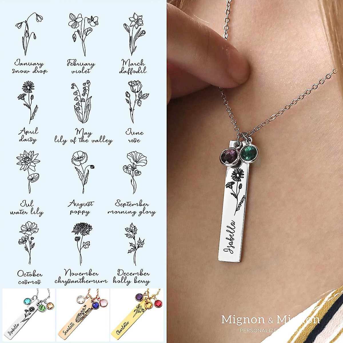 MignonandMignon Flower Birthstone Gold Name Graduation Necklace 2021 Personalized Gift for Her Bar Necklace Mothers Day Gift Floral Jewelry Personalized Jewelry - 8N-FLBS-G