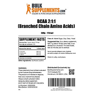 BulkSupplements.com BCAA 2:1:1 Powder - Branched Chain Amino Acids, BCAA Supplement, BCAAs Amino Acids Powder - Unflavored & Gluten Free, 1000mg per Serving, 500g (1.1 lbs) (Pack of 1)