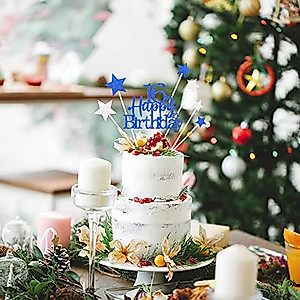 Pargleev Glittery 16th Cake Topper with Star Boys and Girls 16th Birthday Party Supplies, Sixteen Years Old Birthday Party Decorations Royal Blue