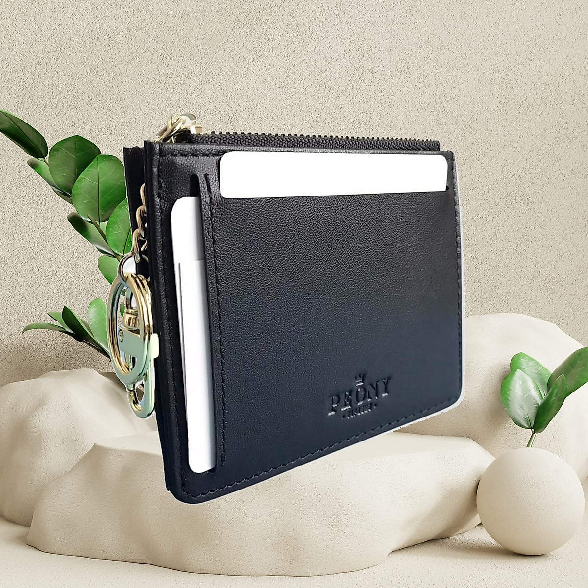 PEONY SUPREME Leather Card Holder Wallet Credit Card Holder Small Compact Wallet Coin Pouch Purse Key Pouch Gift for Women Gift for Men Black