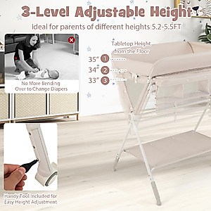 BABY JOY Portable Baby Changing Table, Foldable Diaper Changing Station with Wheels, Adjustable Height, Large Storage Rack, Trash Can, Mobile Nursery Organizer for Newborn Infant (Beige)