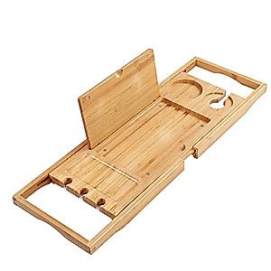 Utoplike Bamboo Bathtub Caddy Tray Bath Tray for Tub, Adjustable Bathroom Bathtub Organizer with Book Tablet Wine Glass Cup Towel Holder,Distinctive Gift (24.5"-37.4")