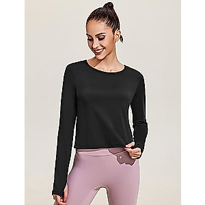 Pinspark Gym Shirts for Women Long Sleeve Workout Shirt Open Back Yoga Crop Top Solid Athletic Top Activewear,Black Small