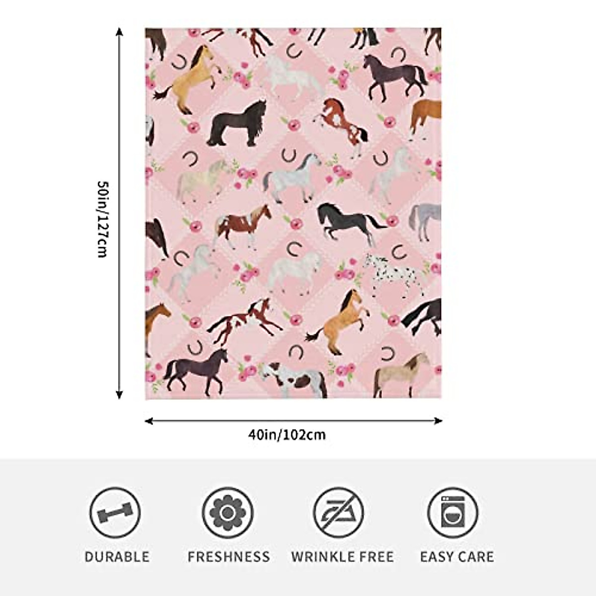 Horse Blanket for Girl Horse Gift for Girls Women Cute Horses Flowers Fleece Flannel Throw Blankets Soft Lightweight Plush Pink Blanket for Horse Lovers Decor Bed Sofa 50"x40"