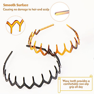 NONENDU Zig Zag Headbands Classic 90s Plastic Headband with Teeth Wavy Comb Headbands for Women Men, Shark Tooth Headband & Hair Band (2 Black + 2 Brown, Pack of 4)