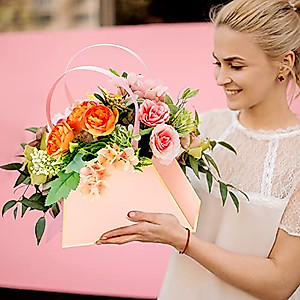 8 Pieces Wedding Portable Gift Bag Bouquet Wrapping Paper Bag Waterproof Flower Boxes for Arrangements with Handle Empty Florist Packaging Floral Gift Bag for Birthday Graduation Mother's Day (Pink)