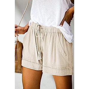 FEKOAFE Casual Drawstring Elastic Waist Summer Beach Shorts for Women Plus Size with Pockets Beige L