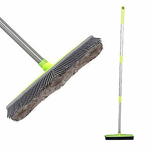 Carpet Hair Removal Broom with Squeegee, Rubber Floor Broom Carpet Rake, Adjustable Long Handle 49" Length for Pet Cat Dog Hair Carpet Hardwood Tile Windows Clean Water Resistant