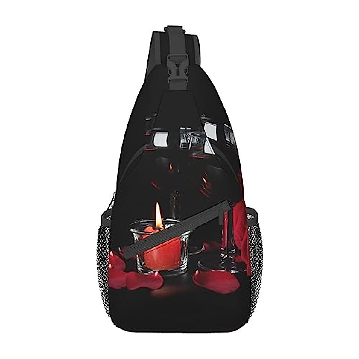 UNIOND Red Wine Rose and Candle Printed Sling Bag Adjustable Cross Chest Bag Shoulder Backpack for Outdoor Travel