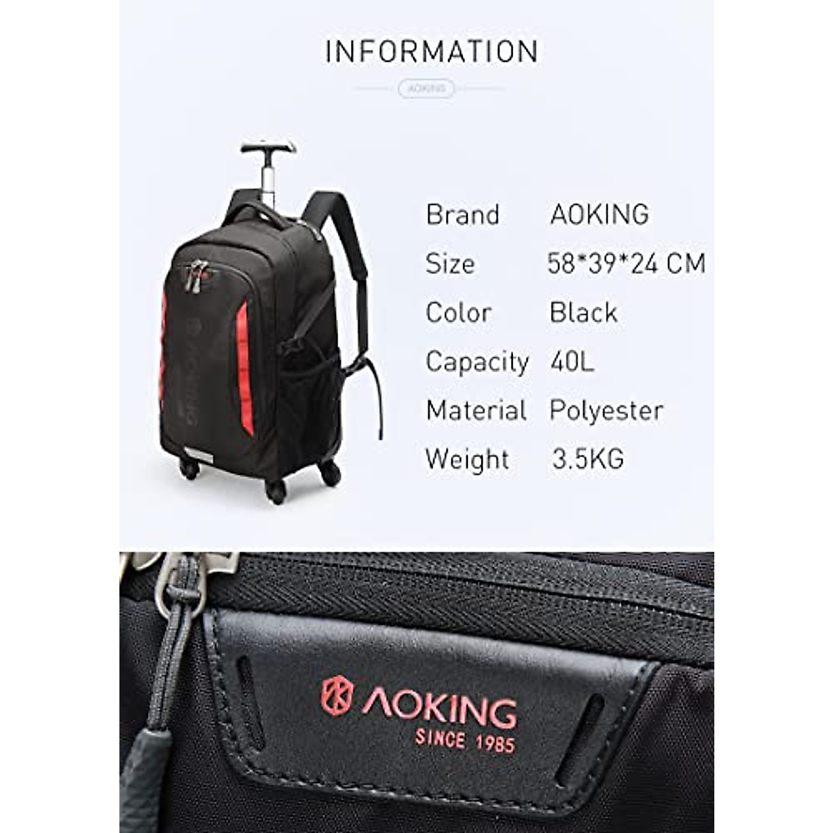 AOPMGOE AOKING 20/22″Water Resistant Rolling Wheeled Backpack Laptop Compartment Bag(22 inch, Black)