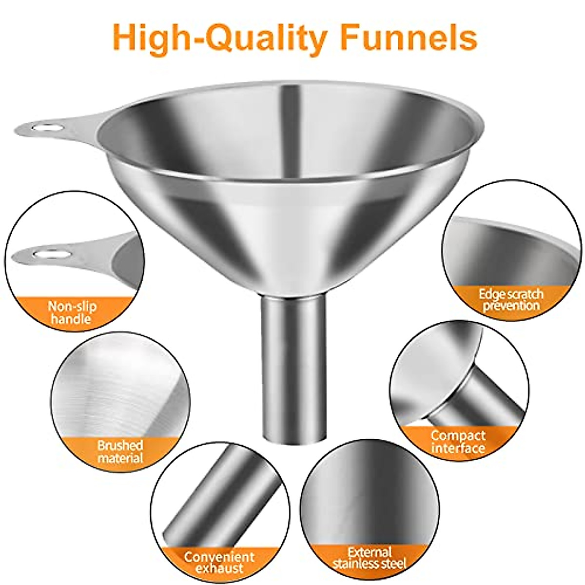 YLYL 6Pcs Metal Stainless Steel Funnel, Large Small Funnel Set of 3, Food Grade Mini Funnels for Kitchen Use Filling Bottles Flask Cooking, 2 Brushes