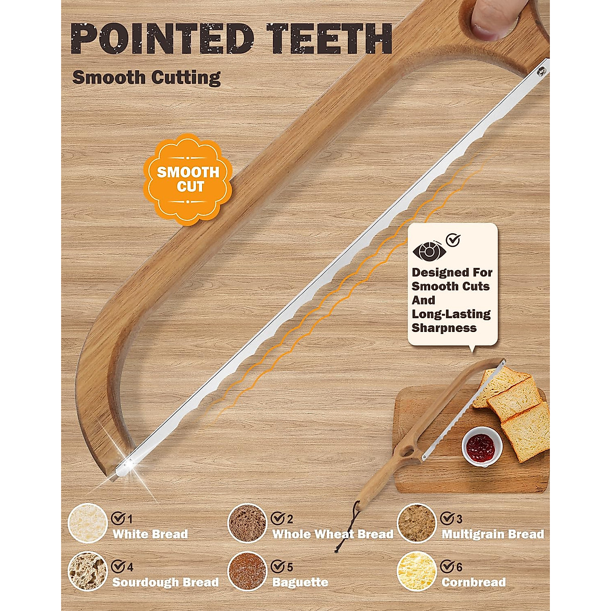 WENNXI Sourdough Bread Knife, 16" Wooden Serrated Bread Slicer Gift for Friends Fiddle Bow Design Easy to Cutting, Sourdough Cutter for Homemade - Premium Stainless Steel