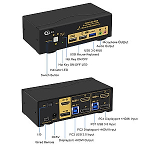 CKLau 2 Port USB 3.0 Dual Monitor KVM Switch Displayport 1.4 + HDMI 2.1 Supports 8K@60Hz, 4K@144Hz with Audio Output and All Input Cables