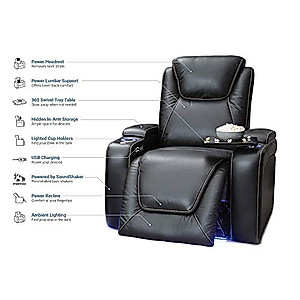 Seatcraft Equinox - Home Theater Seating - Top Grain Leather - Power Recline - Powered Headrest and Lumbar Support - Arm Storage - USB Charging - Cup Holders - Single Recliner, Black