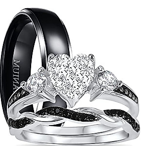 LaRaso & Co His and Hers 3 Piece Trio Sterling Silver Black Wedding Band Engagement Ring Set