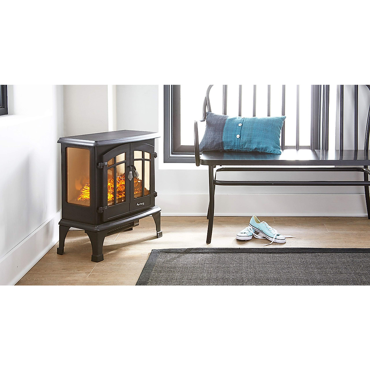e-Flame USA Jasper Freestanding Electric Fireplace Stove Heater - Realistic 3-D Log and Fire Effect (Black)