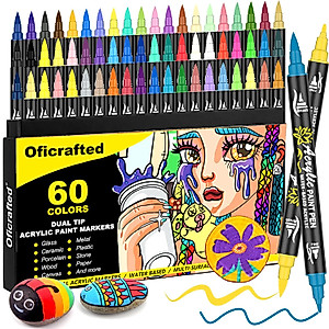 Oficrafted 60 Colors Dual Tip Acrylic Paint Pens, Premium Acrylic Paint Markers with Brush and Fine Tip, Paint Pens and Paint Markers for Rock Painting, Wood, Canvas, Glass & Ceramic Surfaces