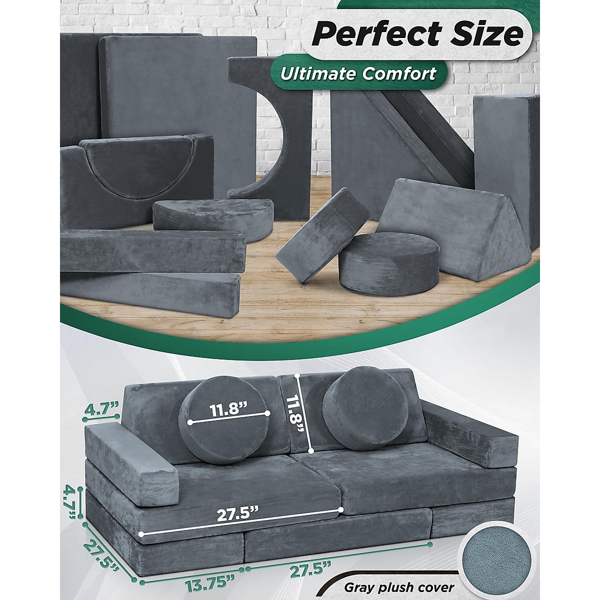 Lunix LX15 14pcs Modular Kids Play Couch, Child Sectional Sofa, Fortplay Bedroom and Playroom Furniture for Toddlers, Convertible Foam and Floor Cushion for Boys and Girls, Gray