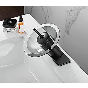 Bathroom Faucet Black Glass Waterfall Spout Single Handle 360° Swivel Solid Brass Bath Basin Lavatory Sink Vanity Faucet One or 3 Hole Commercial with Deck Plate