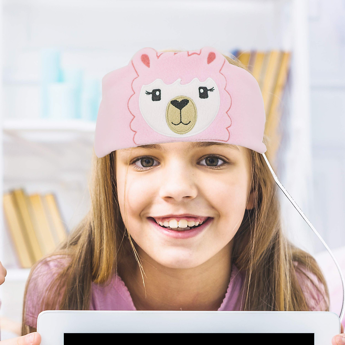 GenTek Kids Ear Headphones with Parental Volume Limiter to Protect Hearing, Washable Super Soft Fleece Headband with Ultra-Thin, Adjustable Removable Speakers (Llama-Pink)
