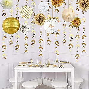 White and Gold Party Decoration Kit Lanterns Flowers Pom Pom with Gold 3D Butterfly Stickers and Leaf Garland Streamers for Birthday Engagement Wedding Bridal Shower Bachelorette Party Decor Supplies