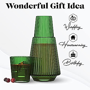 American Atelier Vintage Bedside Water Carafe with Tumbler – 37 Oz Ribbed Pitcher and Matching Drinking Glass Doubles as Lid for Guest Room, Office, or Gift, 4.5”x 9.25" (Green)