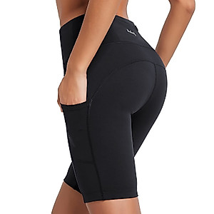 BALEAF Women's 9" Biker Shorts High Waisted Long Compression Running Workout Shorts Side Pockets UPF50+ Black XXL