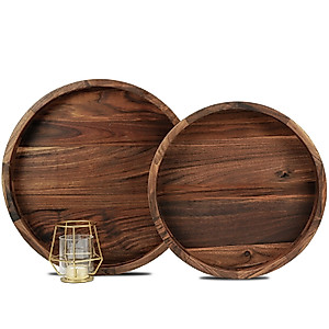 MAGIGO Set of 2 Large Round Black Walnut Wood Ottoman Tray with Handles, Serve Tea, Coffee, Classic Wooden Circular Decorative Serving Tray, 14 &12 inches