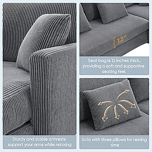 Merax 87" L-Shaped 4-seat Corduroy Sofa with Reversible Chaise, Convertible Sleeper Couch with Pillows, Modern Upholstered Sectional Indoor Furniture for Living Room,Apartment, Gray