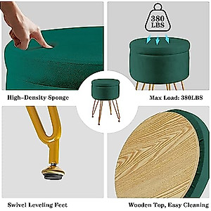 ECOMEX Velvet Round Ottoman with Storage, Golden Metal Legs, Coffee Table Tray Cover Footstool Makeup Vanity Stool Modern Furniture for Living Room Bedroom, Green