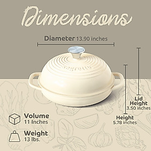 Segretto Cookware Enameled Cast Iron Bread Pan with Lid, 11” Bianco Perla (White) Bread Oven Cast Iron Sourdough Baking Pan, Dutch Oven for Bread