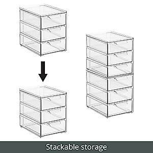 mDesign Plastic Stackable Organizer with 3 Drawers - Pull-Out Drawer Storage Bin for Bathroom Sink/Cabinet Organization - Perfect for Makeup, Small Towels, and More - Lumiere Collection, 4 Pack, Clear